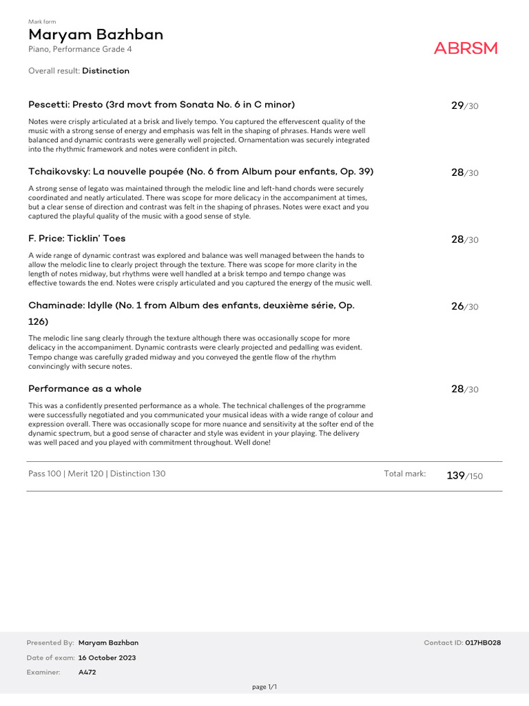 MarkForm - MaryamBazhbanPianoPerformance Grade 4-1 | PDF | Tempo | Musical Compositions