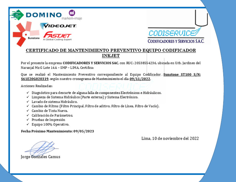 Certificado de Mantenimiento Inkjet - Sunstone ST100 | PDF
