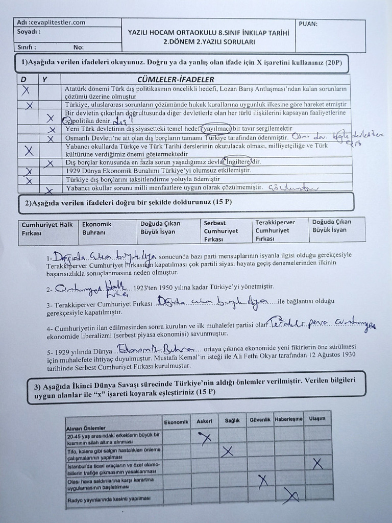 8.sinif Inkilap Tarihi Dersi 2.donem 1.yazili Sorulari Ve Cevaplari 3 | PDF