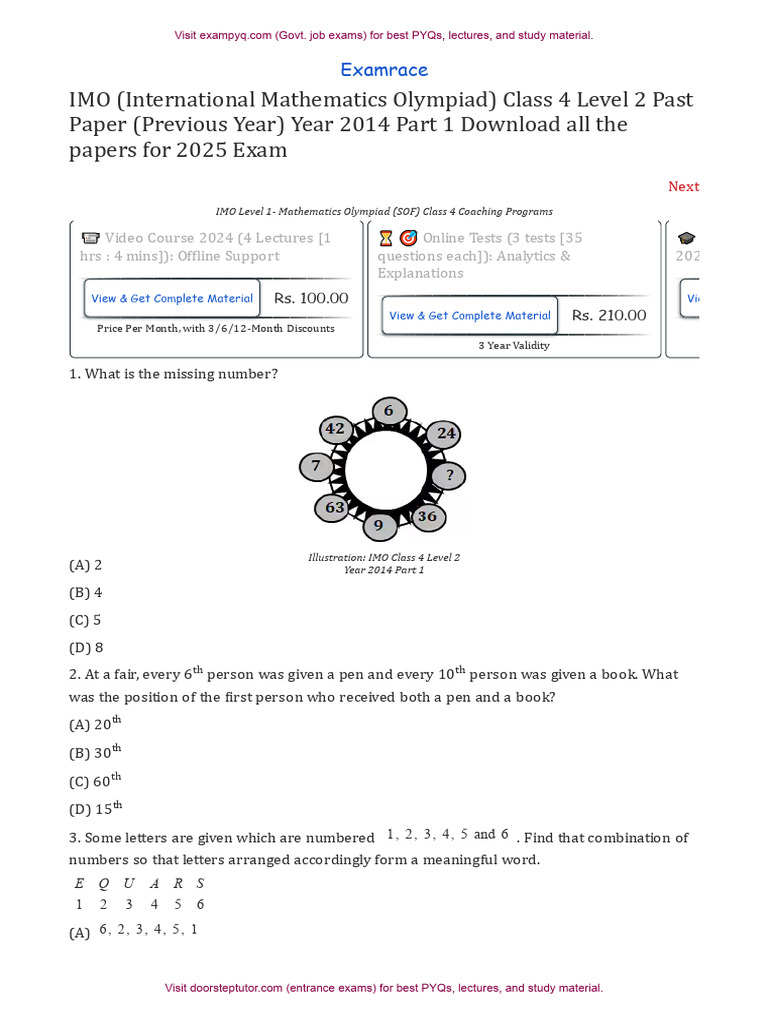 IMO Class 4 Level 2 Year 2014 Part 1 | PDF