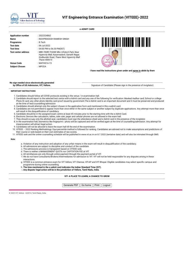 VITEEE 2022 e-Admit Card Details | PDF