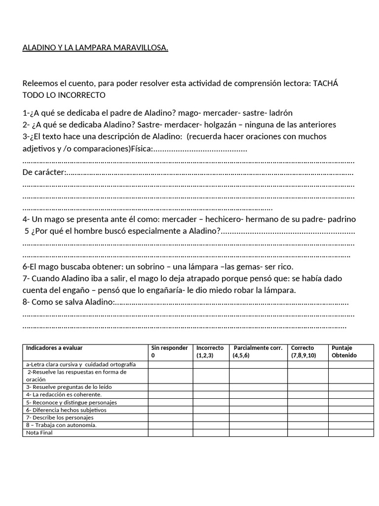 Actividades de Comprensión: Aladino | PDF