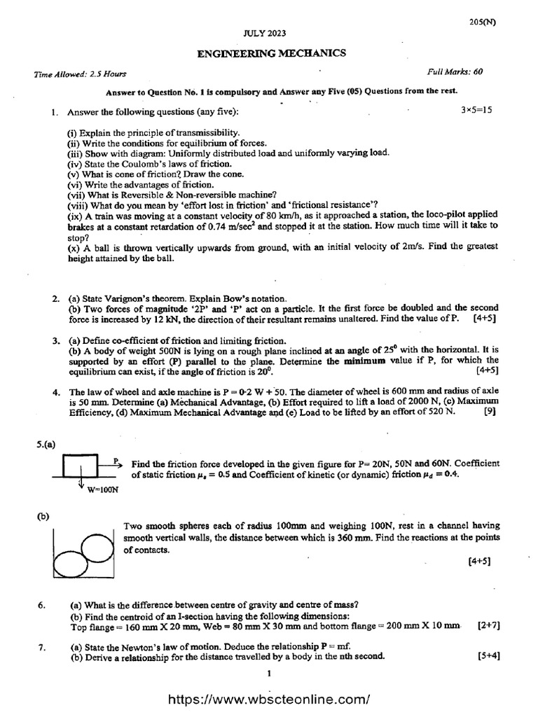 Diploma 2 Sem Engineering Mechanics 205 N Jul 2023 | PDF