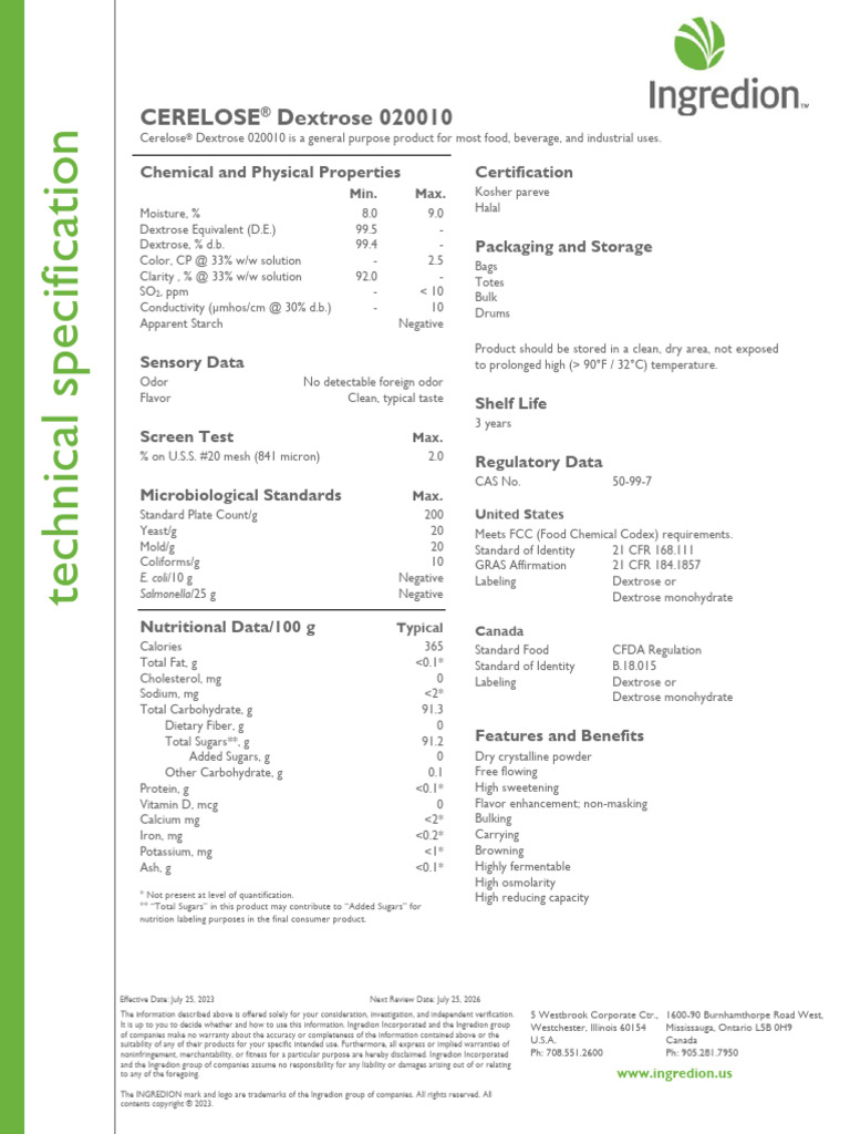 CERELOSE Dextrose - 020010 Technical Specification | PDF | Glucose ...