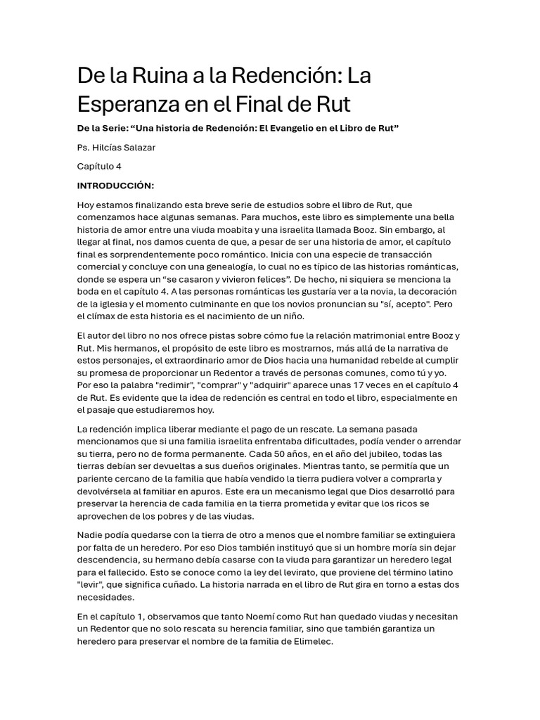 De La Ruina A La Redención La Esperanza en El Final de Rut - Sermon Rut 4 | PDF | Rut (figura ...