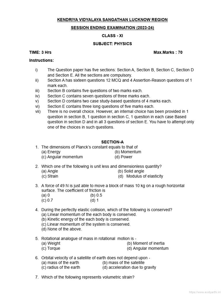 Class XI Physics Exam Paper 2023-24 | PDF | Force | Torque