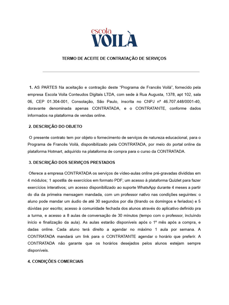 Termo de Aceite de Contratação de Serviços - ESCOLA VOILÀ | PDF