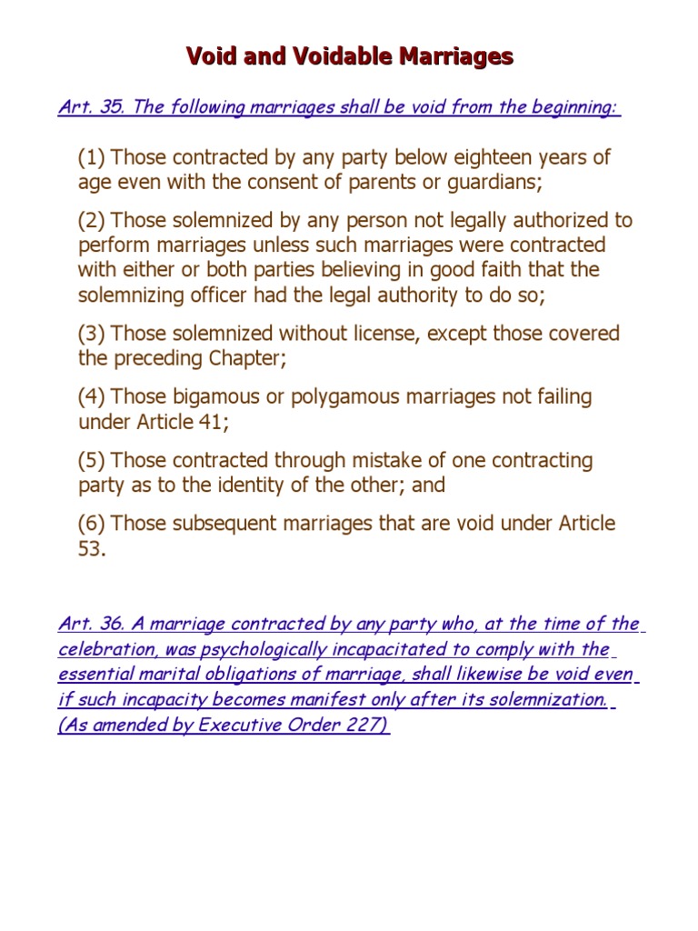 (Lecture) Void and Voidable Marriages | PDF | Annulment | Marriage