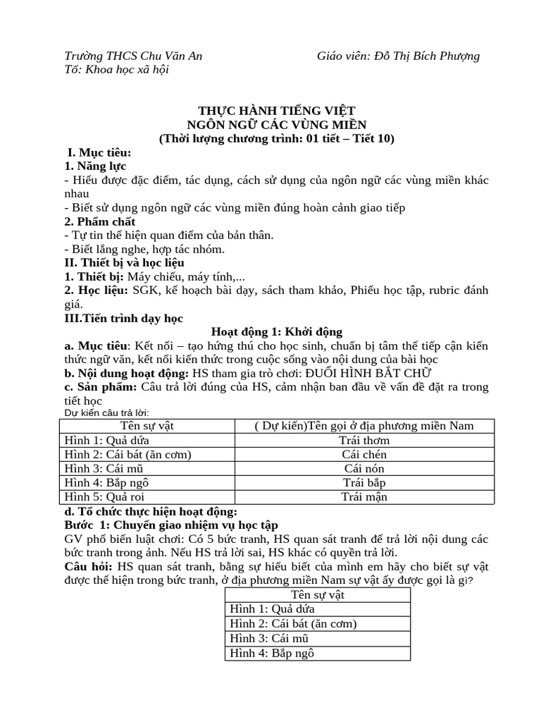 Lớp 7A2 - Ngữ văn - Tiết 10 THTV Ngôn ngữ các vùng miền | PDF