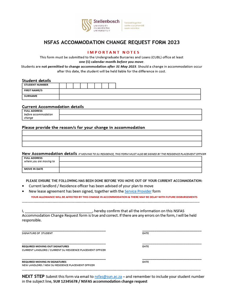 NSFAS Accommodation Change Request Form | PDF