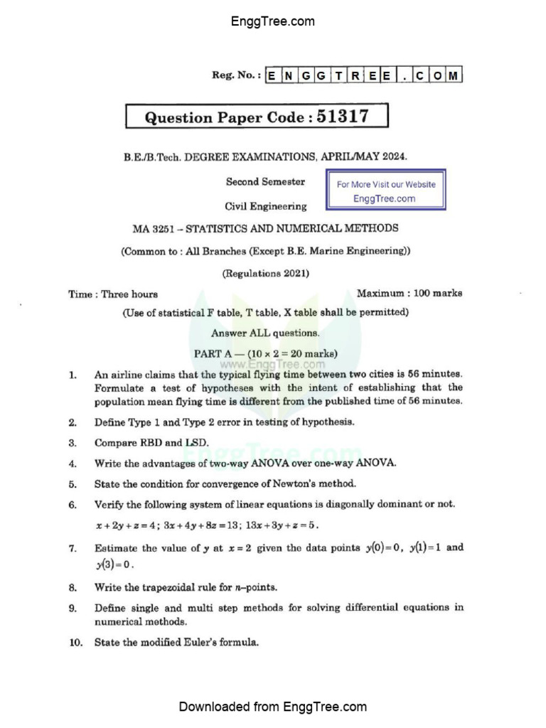 MA3251 Statistics and Numerical Methods Apr May 2024 Question Paper ...