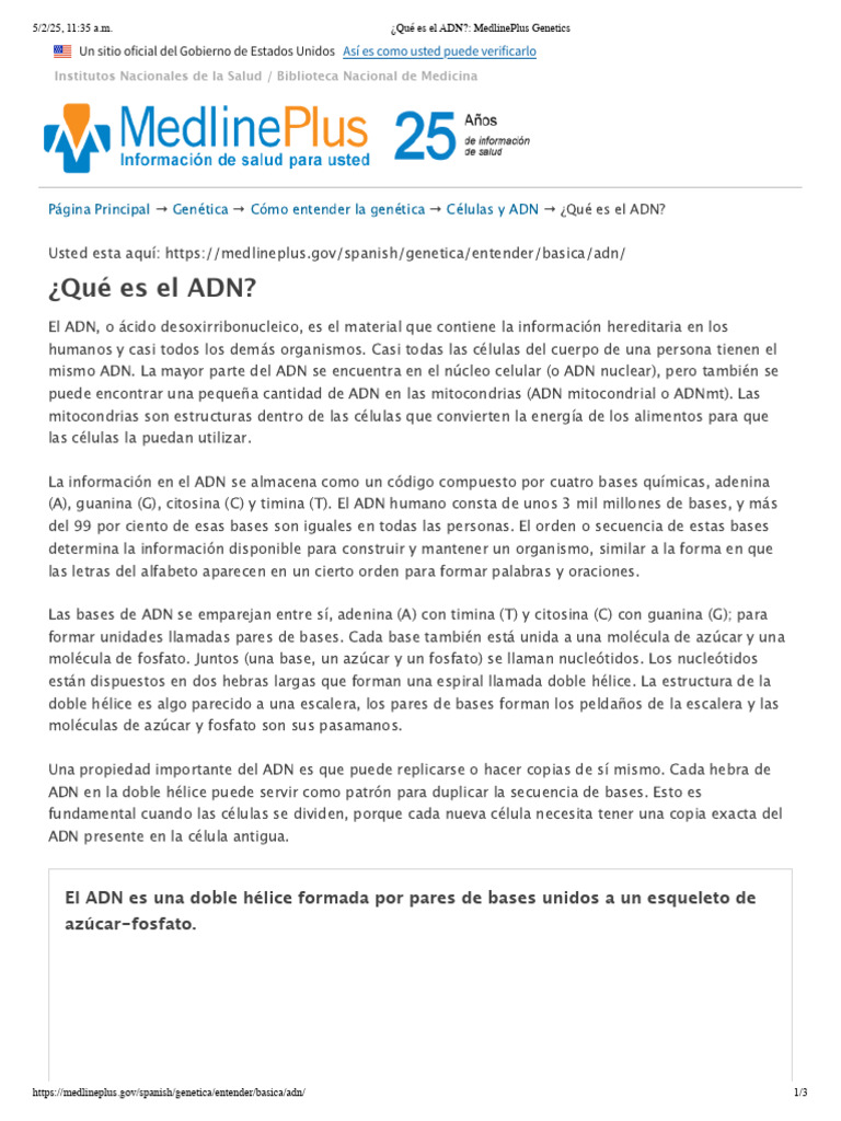 ¿Qué Es El ADN - MedlinePlus Genetics | PDF | Adn | Base par