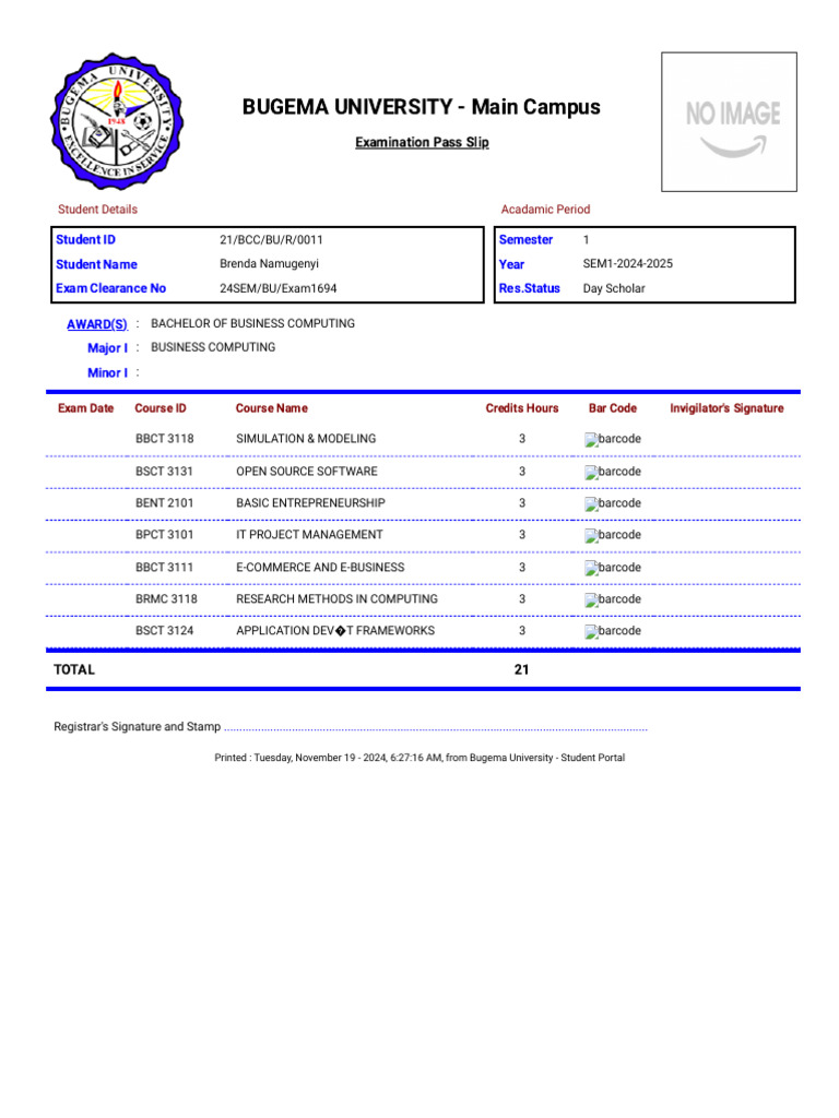 Bugema University Exam Pass Slip | PDF | Computing