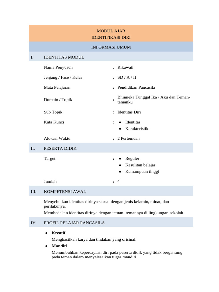 Modul Ajar SD: Identitas Diri | PDF