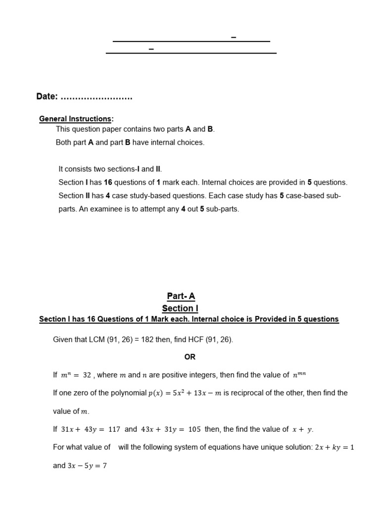 CBSE 10th Pre Board Exam Model Question Paper 1 - Maths (STD) | PDF ...