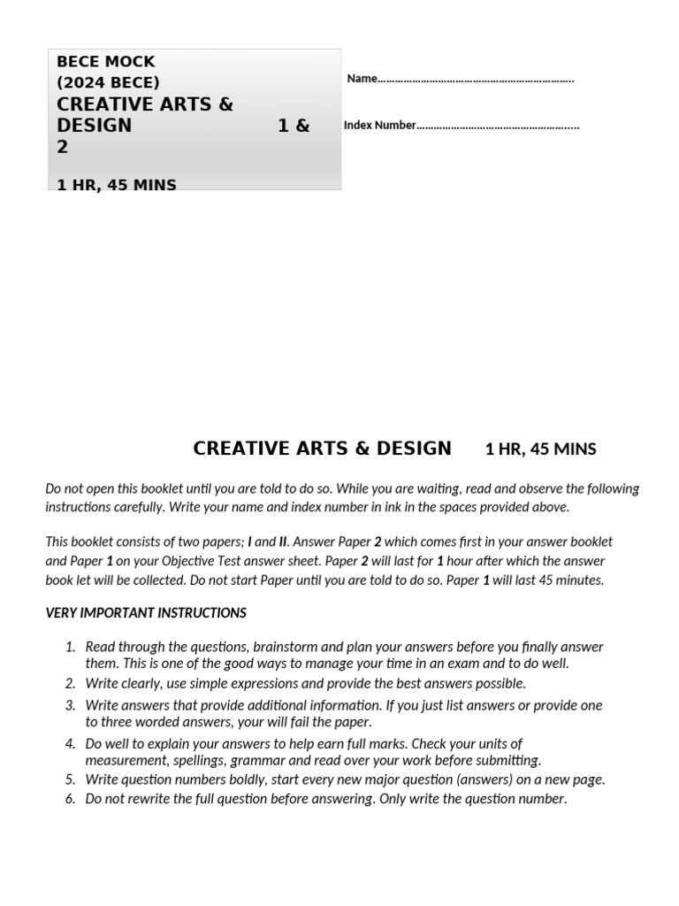 BECE 2024 Creative Arts Mock Exam | PDF | Drawing | Paint