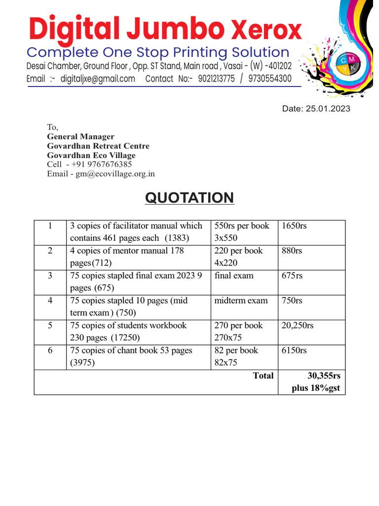 Digital Jumbo Xerox Printing Quotation | PDF