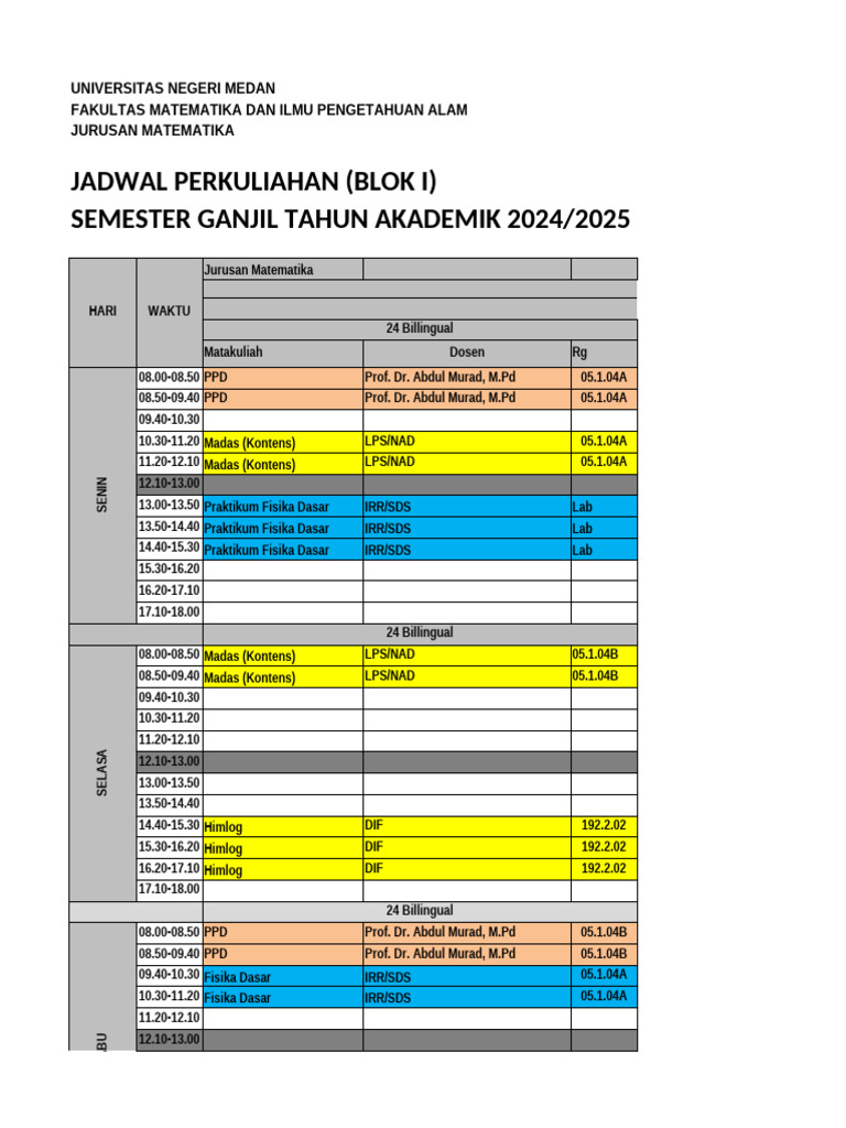 Blok1 - JADWAL BESAR PERKULIAHAN JURUSAN MATEMATIKA SEMESTER GANJIL T.A ...