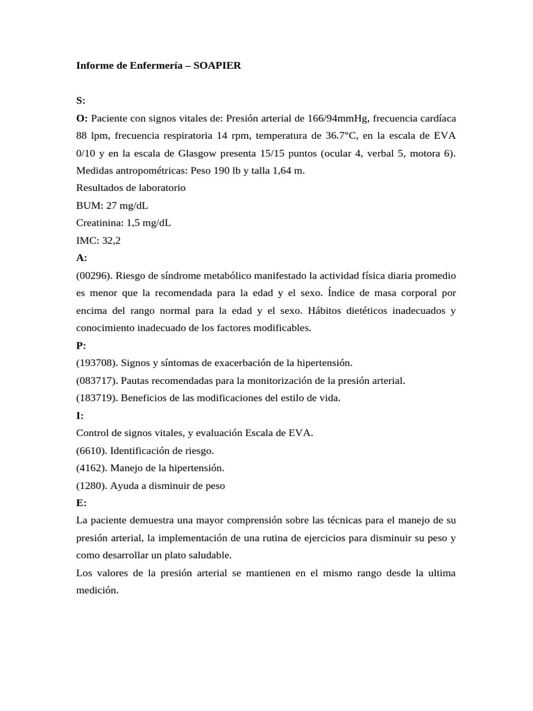 Informe SOAPIER: Manejo de Hipertensión | PDF | Hipertensión | Presión ...