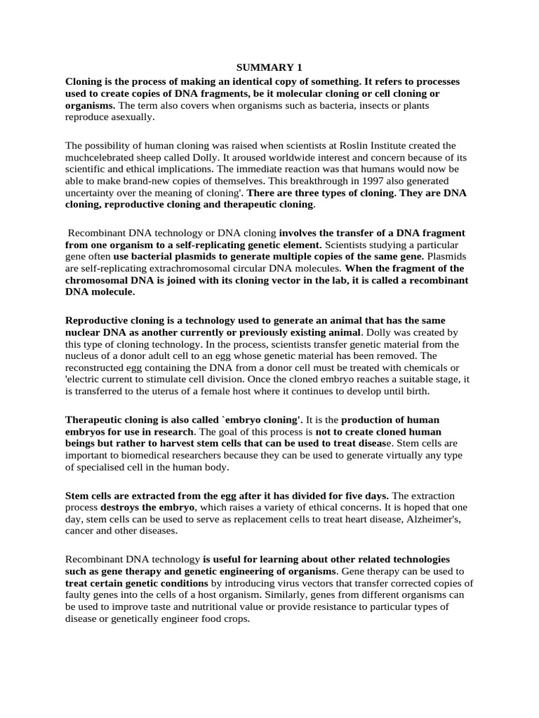 SUMMARY 1 | PDF | Cloning | Molecular Cloning