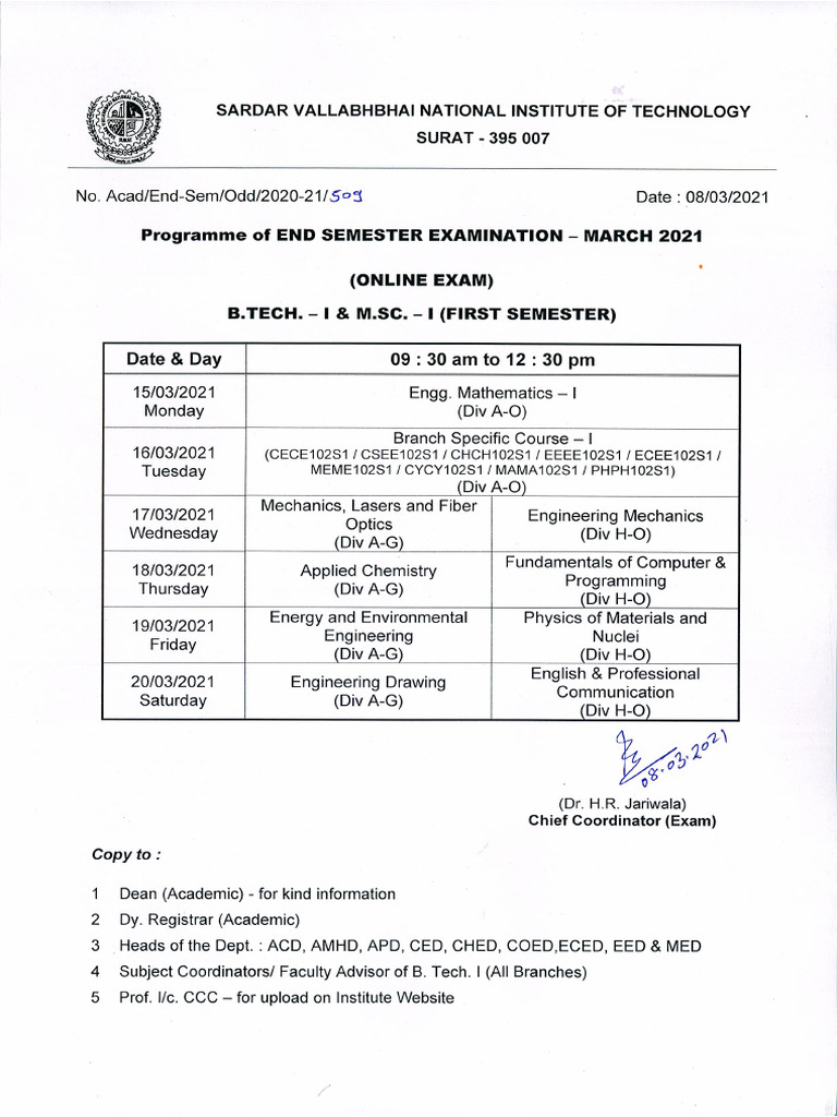 BTech-I and MSc-I End Semester Exam Schedule | PDF