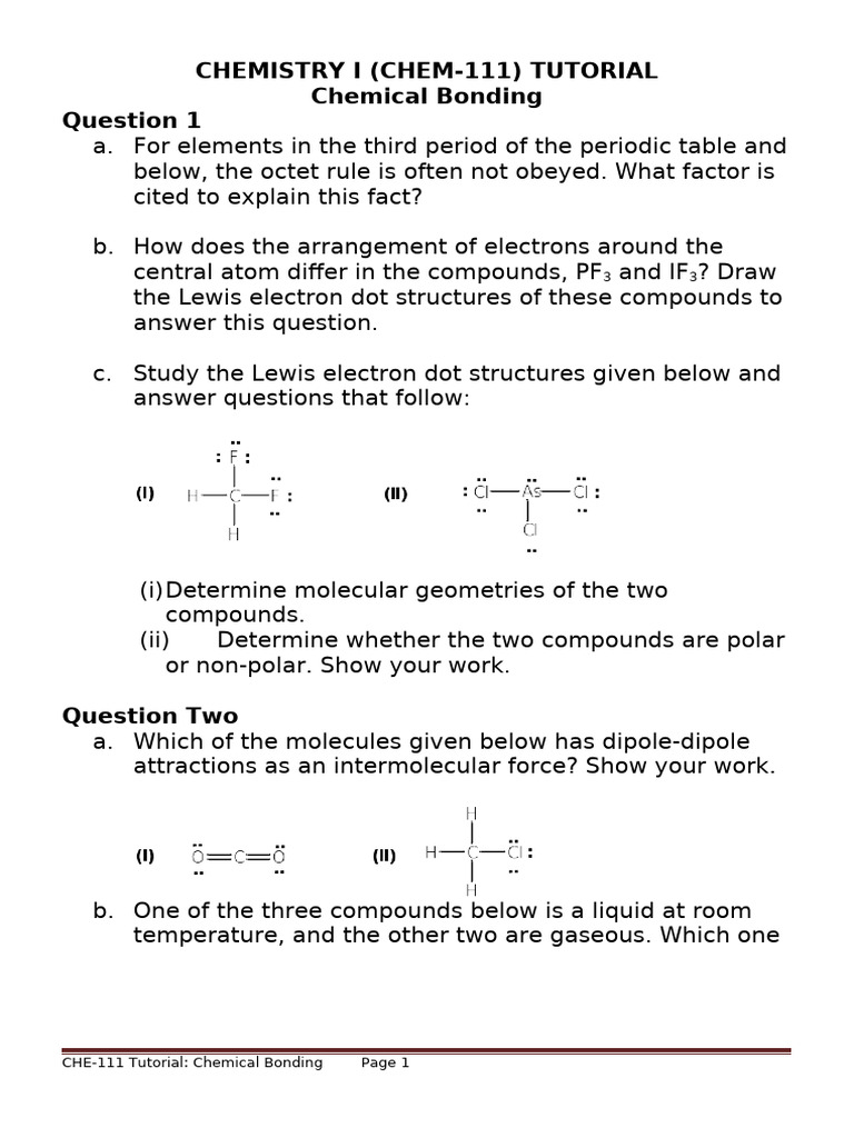 Tutorial- Chemical Bonding | PDF | Chemical Bond | Chemical Polarity