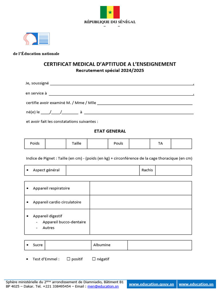 Modèle_CERTIFICAT MEDICAL D'APTITUDE A L'ENSEIGNEMENT | PDF | Soins de ...