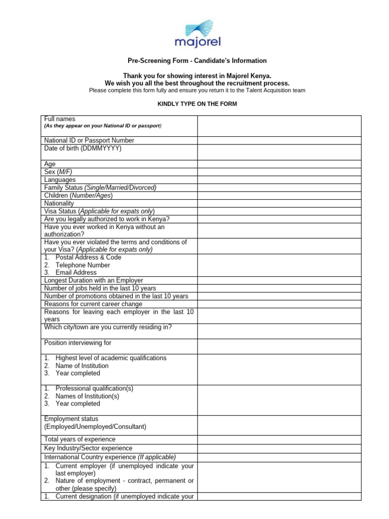 MJK - Pre-Screening Form - Updated 2024 | PDF | Salary | Employment