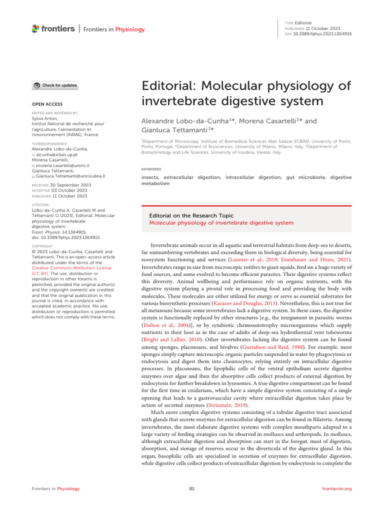 Editorial Molecular Physiology of Invertebrate Dig | PDF | Digestion ...
