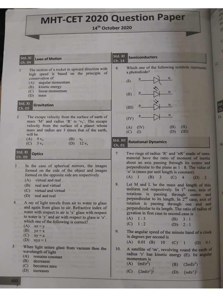 MHT - CET 2020 Question Paper [14th Oct 2020] | PDF