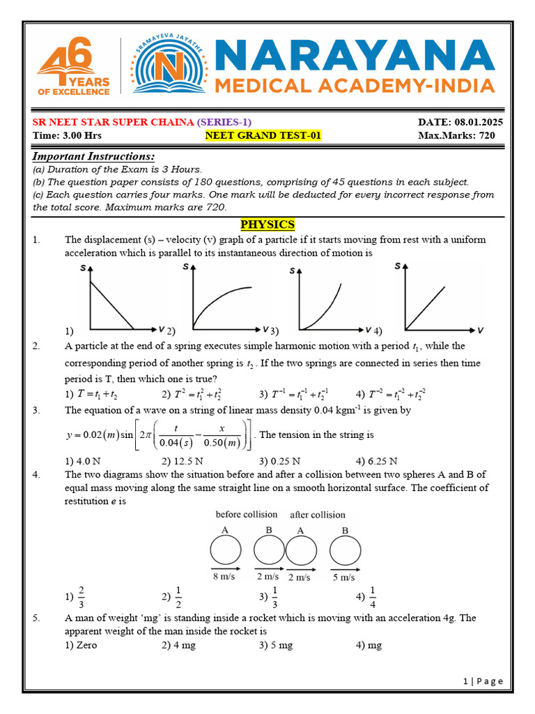Sr Neet Star Super Chaina_(Gt-1) q.p Ex.dt. 08.01.2025 | PDF | Force ...