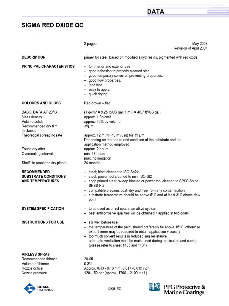 PDS 0809 05-2008 Sigma Red Oxide QD | PDF | Paint | Industrial Processes