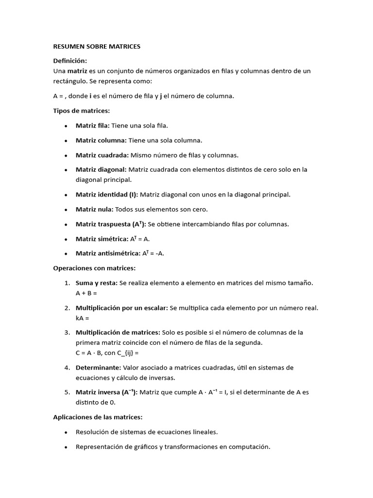 Matrices Esquema Resumen | PDF