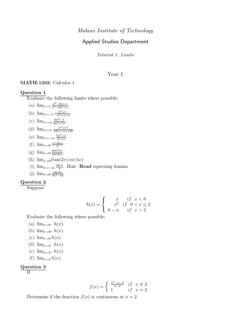 Tutorial 1 Limits | PDF | Slope | Mathematical Analysis