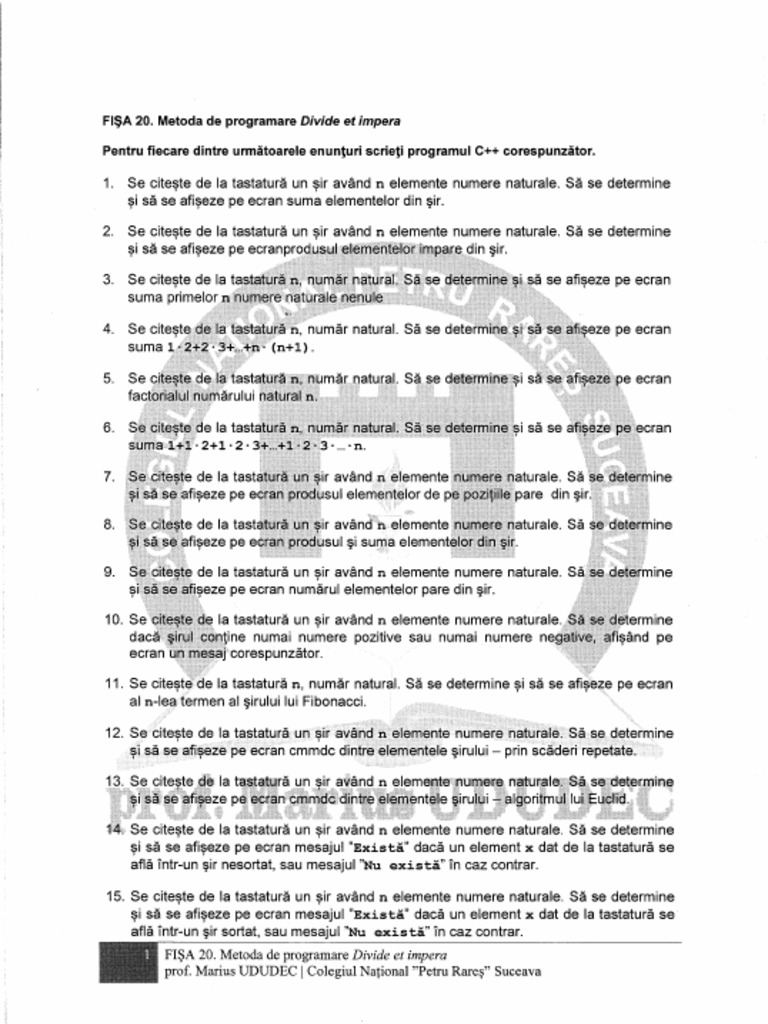Fisa 20 Metoda de Programare Divide Et Impera | PDF