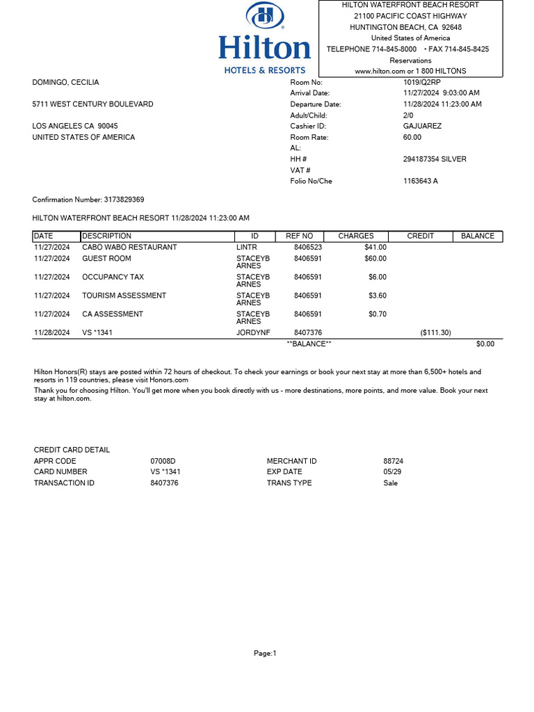 Hilton Hotel Receipt for Stay | PDF | Hilton Worldwide | Hospitality ...