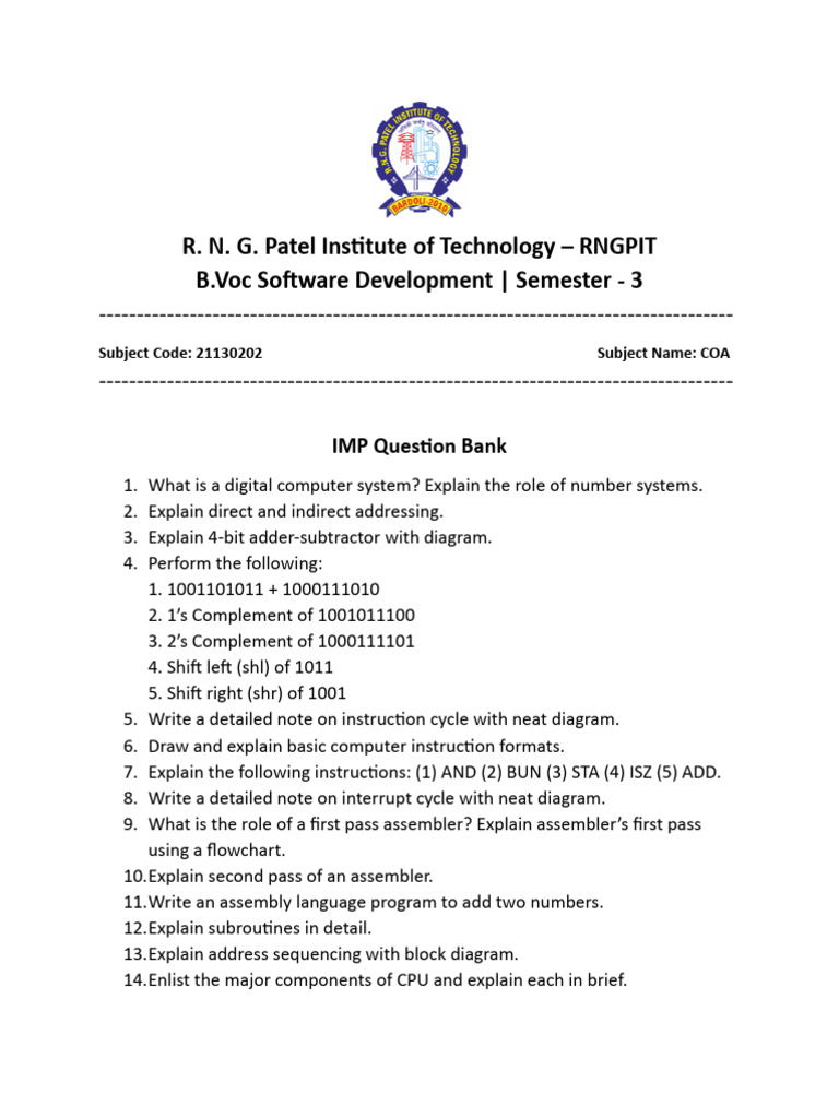 COA_IMP Question bank | PDF