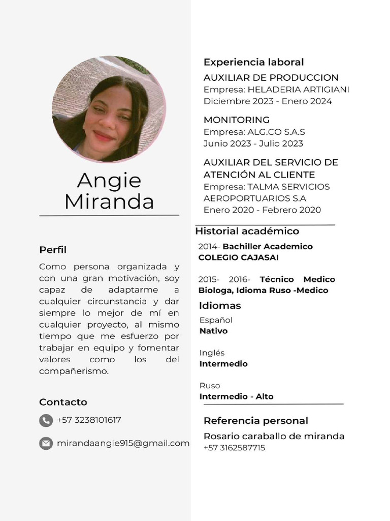 Hoja de Vida Angie Miranda | PDF