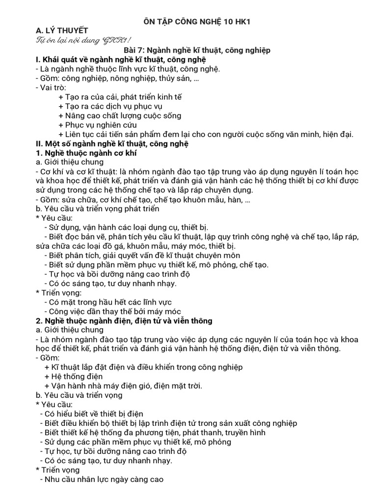 I. Khái quát về ngành nghề kĩ thuật, công nghệ: Tự ôn lại nội dung GHK1! | PDF