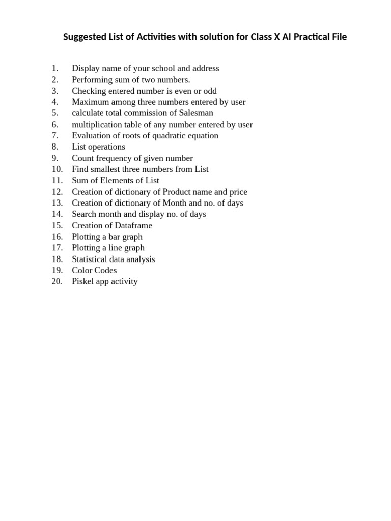 List of Activities For X AI Practical File 2024-25 | PDF | Color | Median