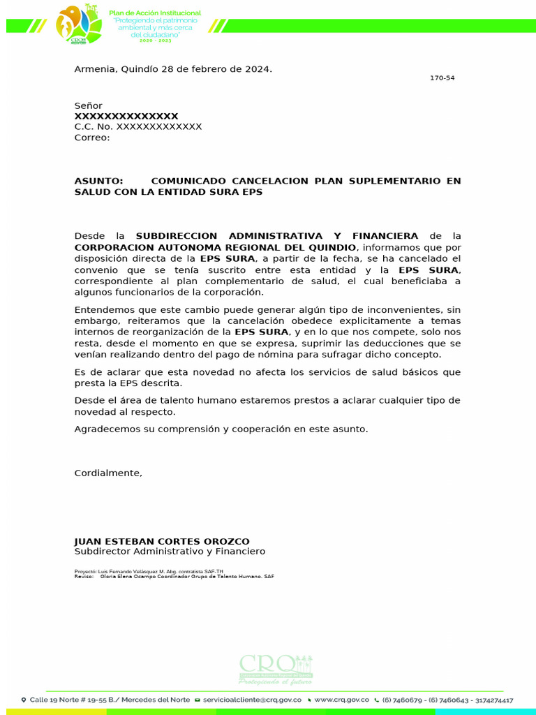 Comunicado Cancelacion Plan Complementario de Salud | PDF
