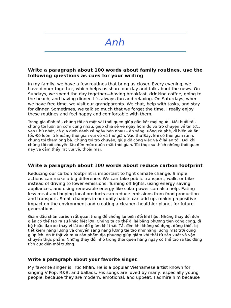 Write A Paragraph About 100 Words About Family Routines. Use The ...