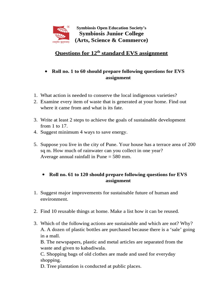 12TH EVS Assignment Questions (1) | PDF