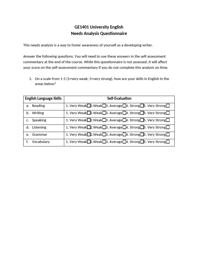 GE1401 Needs Analysis Questionnaire | PDF | English Language ...