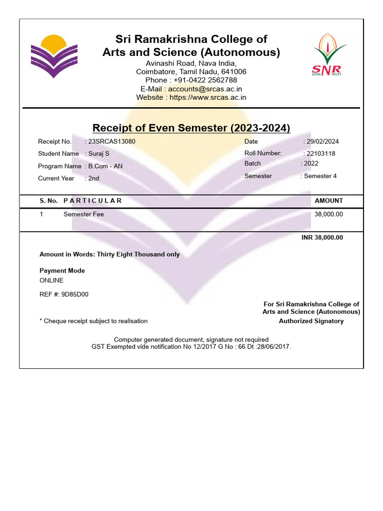 SRCAS Semester Fee Receipt 2023-24 | PDF