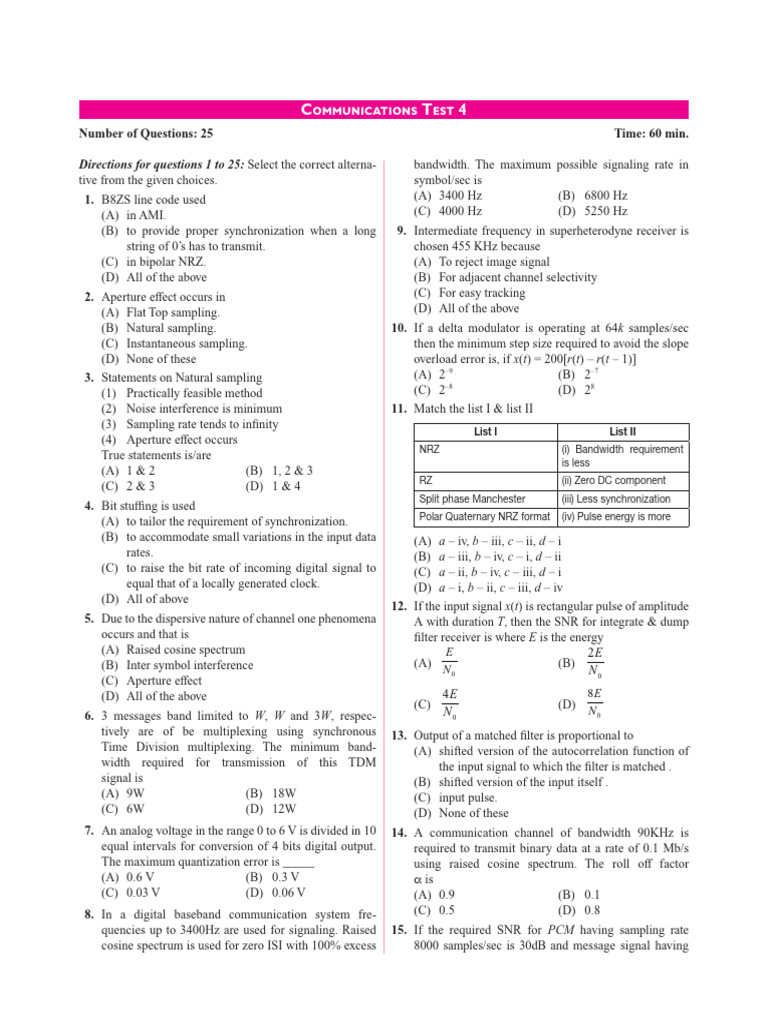 Communications Test 4: Number of Questions: 25 Time: 60 Min | PDF ...