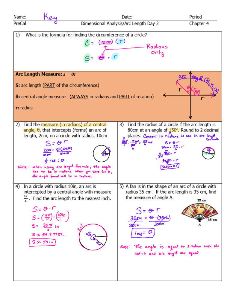 Arc Length & Dimensional Analysis Notes | PDF