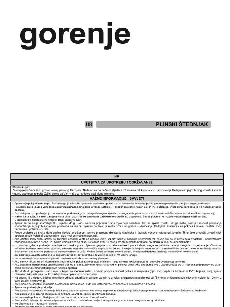 Gorenje Plinski Stednjak | PDF