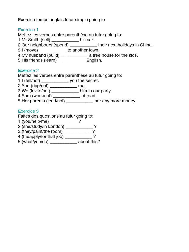 Future Simple "Going To" Exercises | PDF