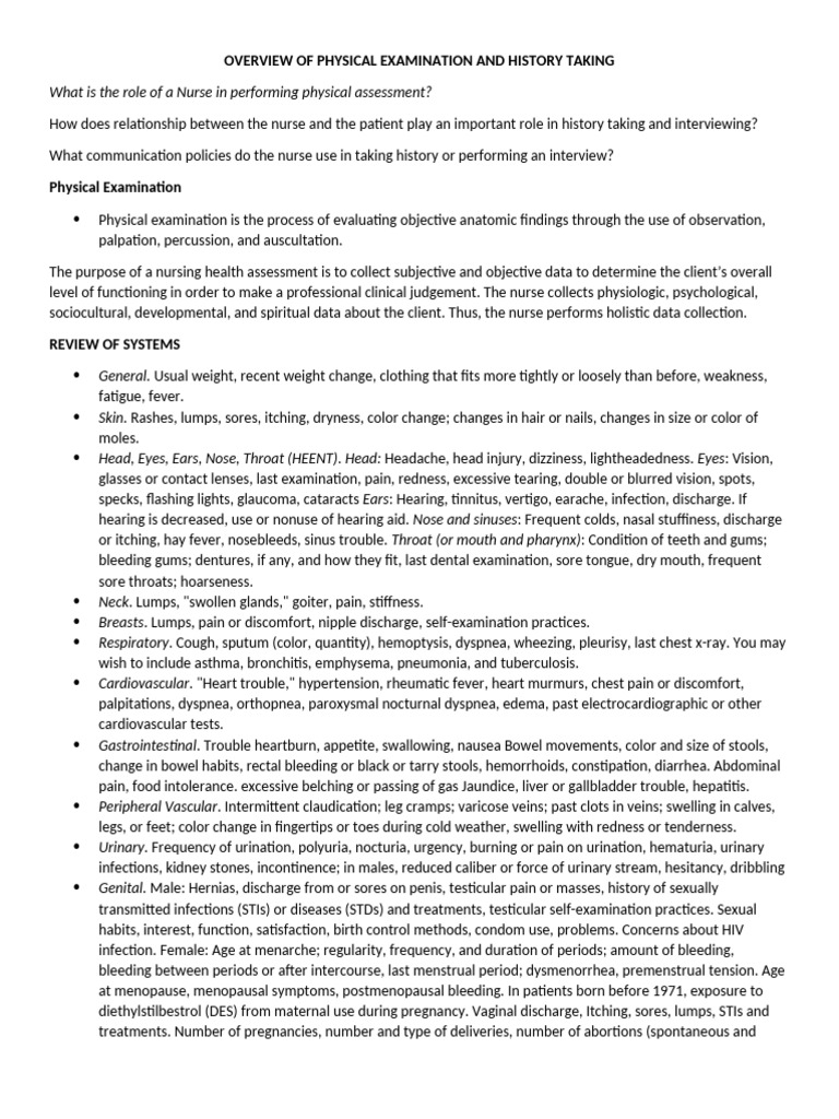 Overview of Physical Examination and History Taking (H.a.) | PDF ...